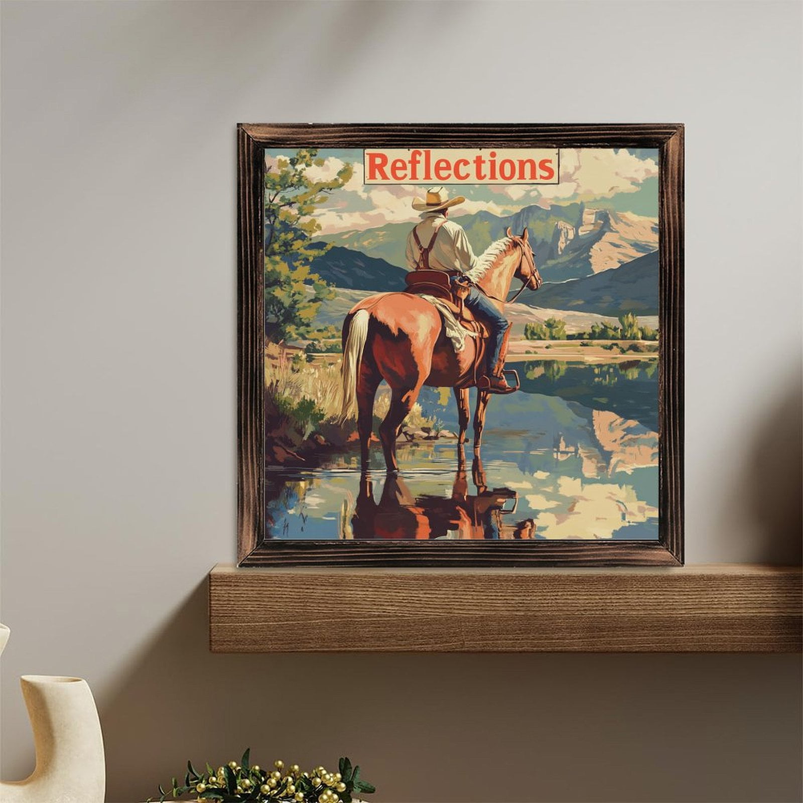 Cowboy Horse Lake Wooden Sign Wall Plaque - Vintage Art Decoration ...