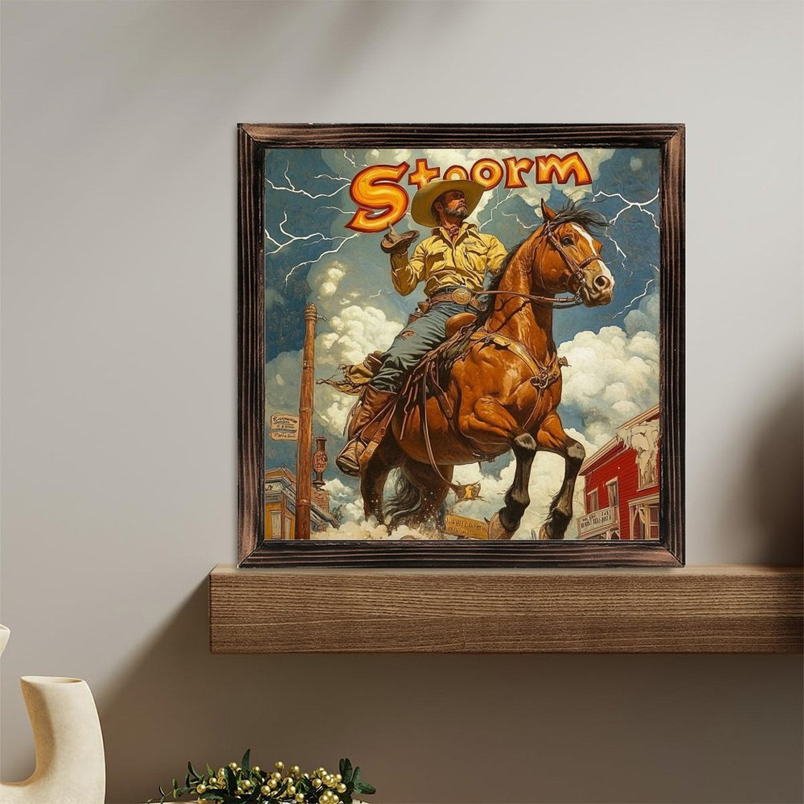 Cowboy Horse Lightning Western Town Wooden Sign Wall Plaque - Vintage ...