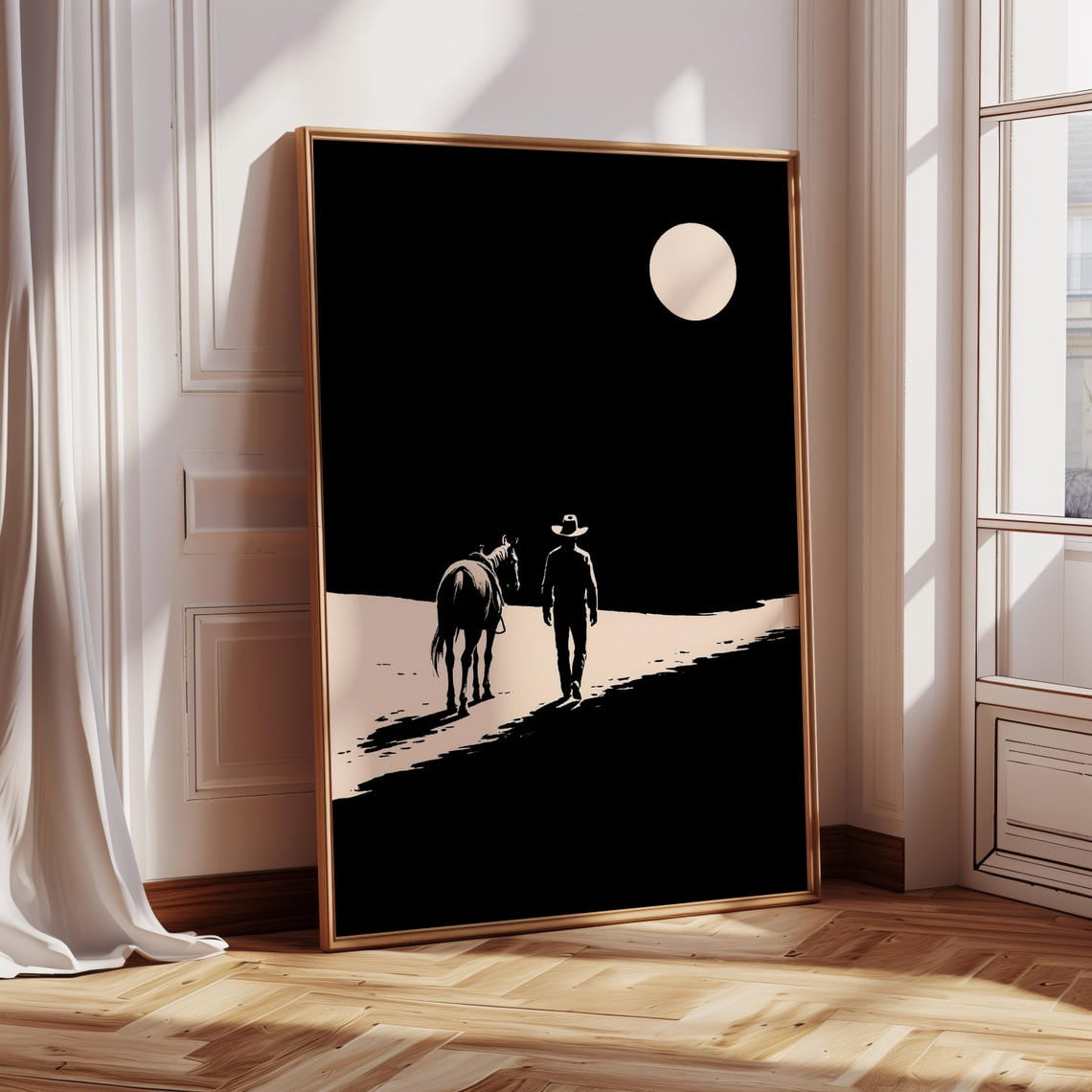 Cowboy And Horse Under Moon Wall Art – Minimalist Western Night Scene Print, Lone Rider ...