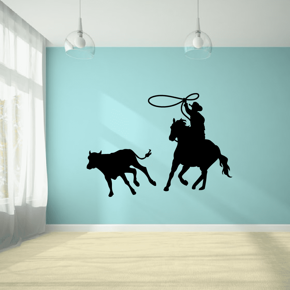 Cowboy Horseback Riding with Lasso Bull Silhouette Tough Cowboy ...
