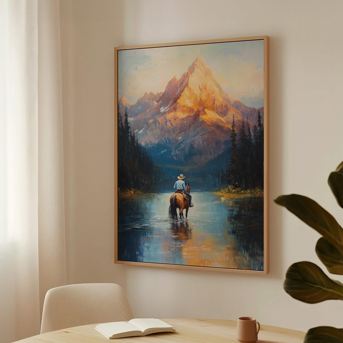 Cowboy In Mountain Lake Western Horseback Art Rustic Nature Painting ...