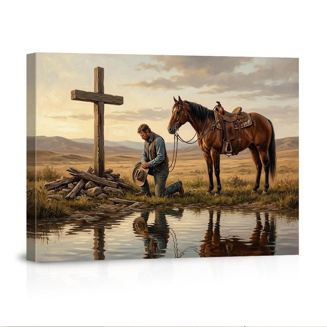 Cowboy Kneeling At Wooden Cross With Horse By Water Western Christian ...