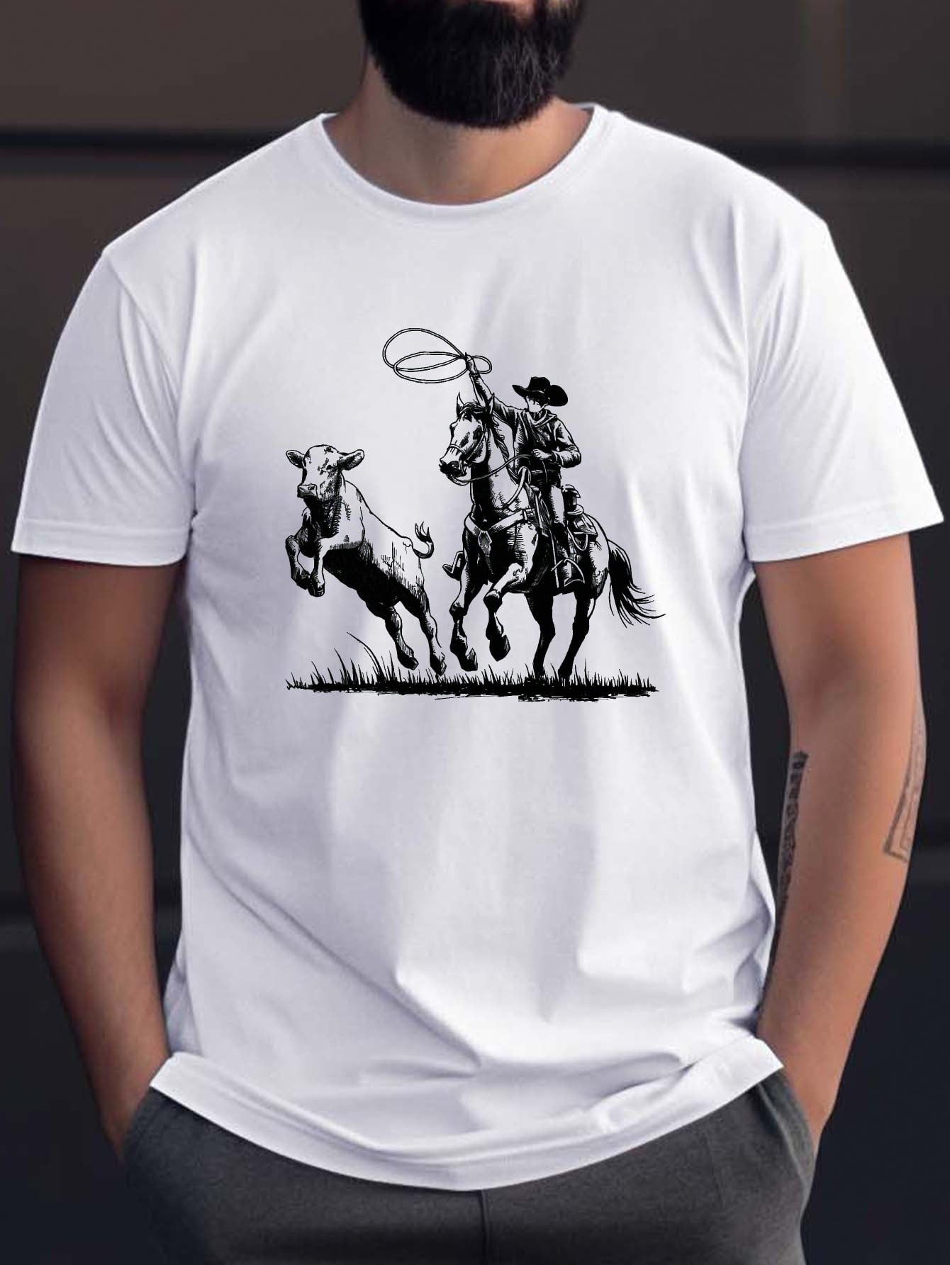 Cowboy Lasso Action Sketch Wrinkle - Mens T-Shirt - Front Shoulder ...