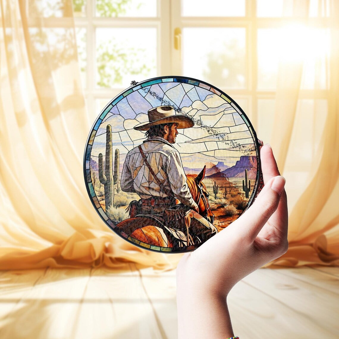 Cowboy On Desert GLASS Suncatcher, Western Cowboy Decor, Western Home ...