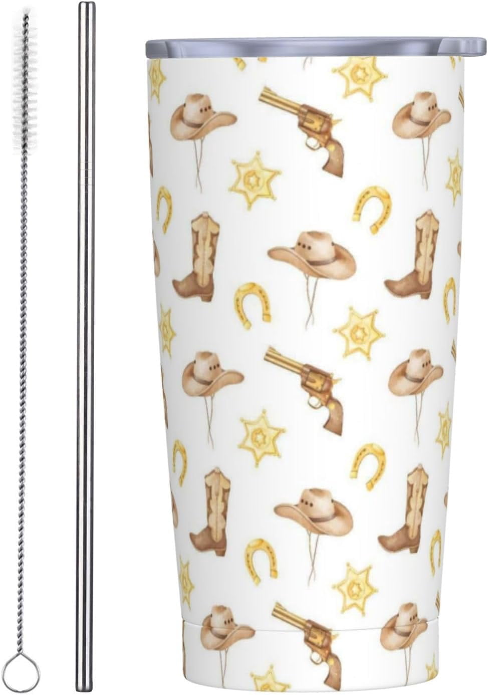 Cowboy Pattern Tumbler Cup with Lid and Straw, 20 oz Stainless Steel ...