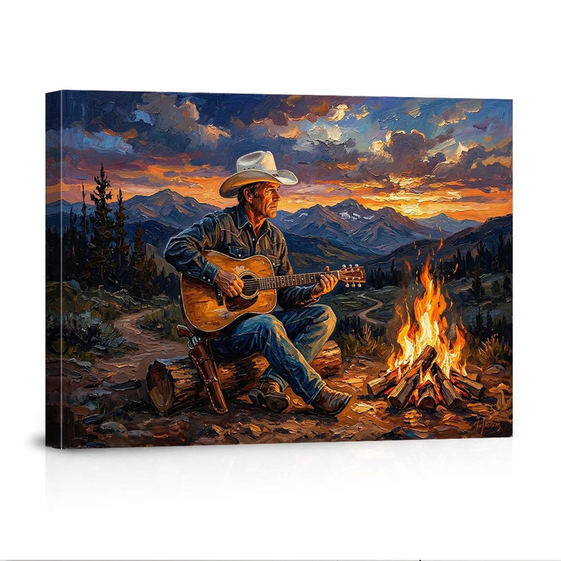 Cowboy Playing Guitar Rustic Mountain Sunset Western Campfire Country ...