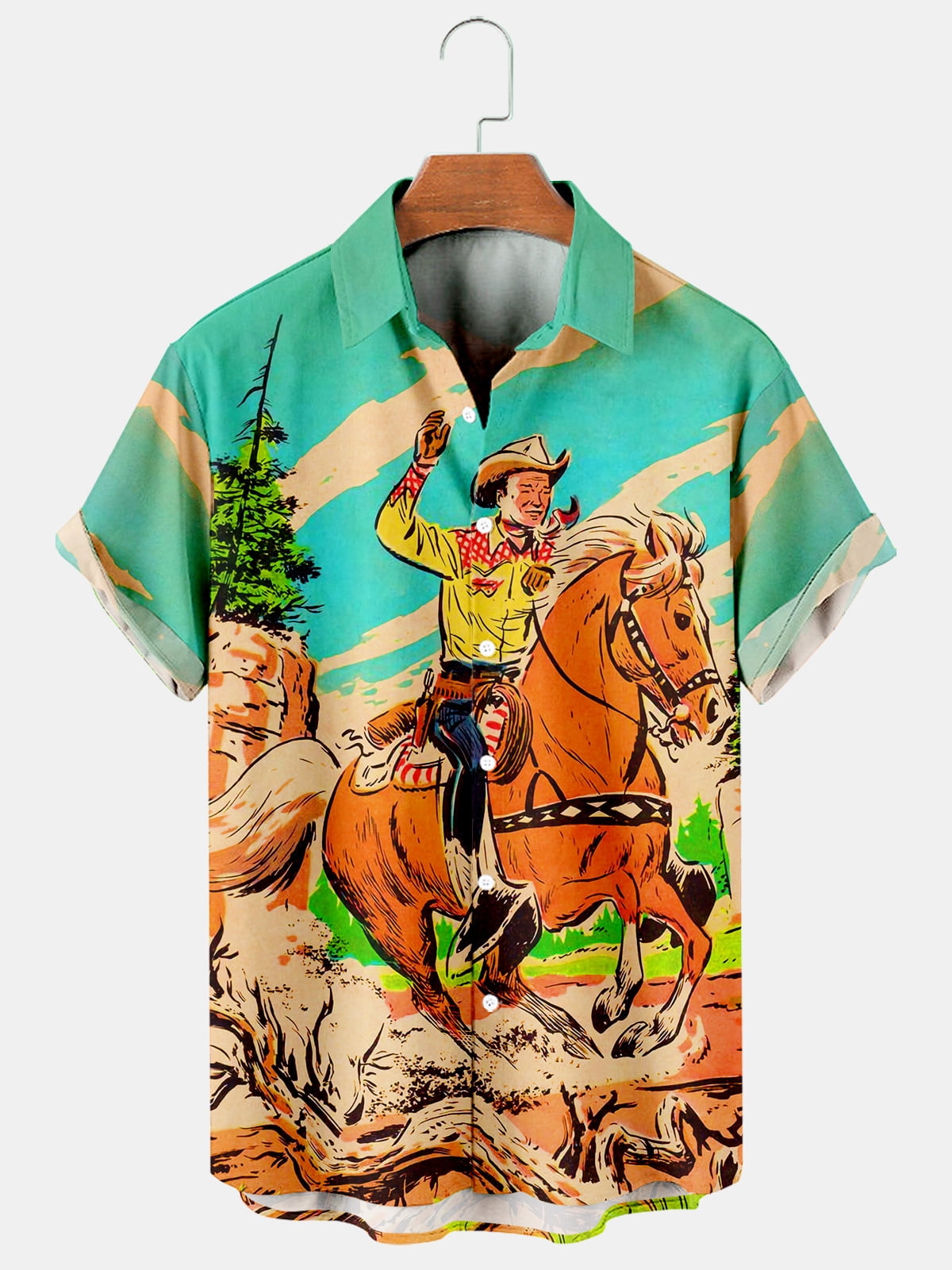 Men's Tropical Short Sleeve Hawaiian Shirt, Cowboy Print, Casual Button ...