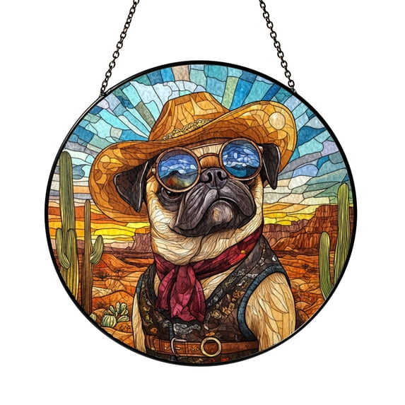 Cowboy Pug Glass Suncatcher Window Decor Western Desert Animal Theme ...