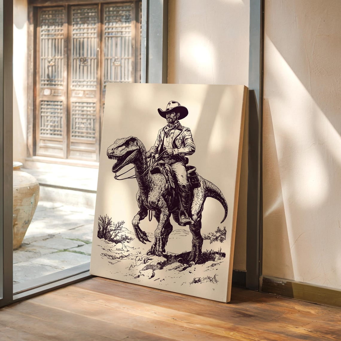 Cowboy Riding Dinosaur Print - Black And White Western Fantasy Art ...