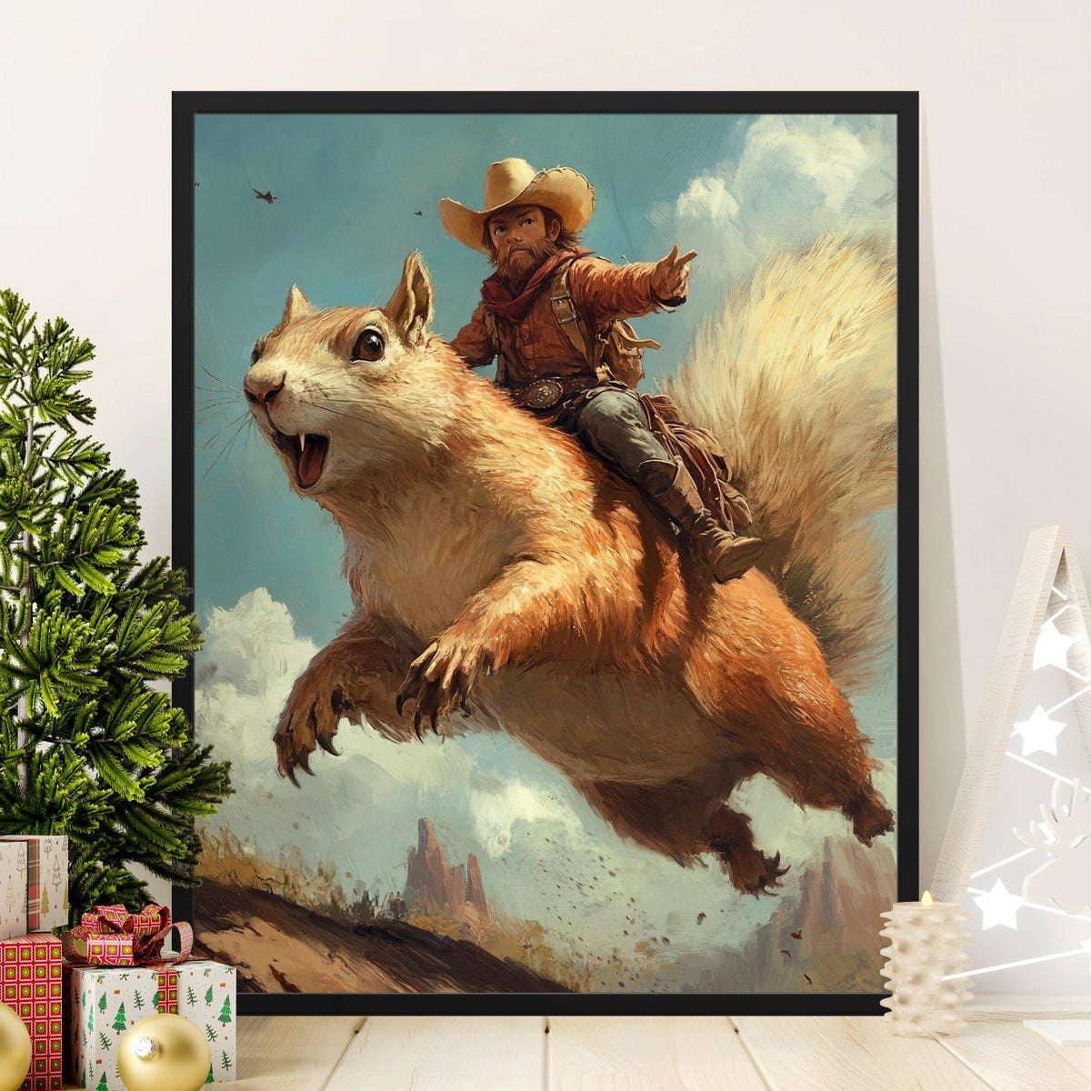 Cowboy Riding Giant Squirrel Fantasy Art Print, Whimsical Animal Wall ...