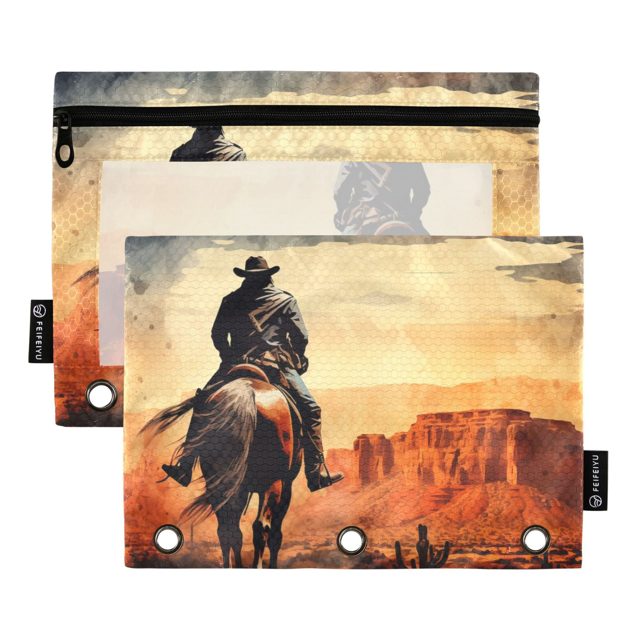 Cowboy Riding Horse 2 Pack Pencil Pouch for 3 Ring Binder Smooth Zipper ...