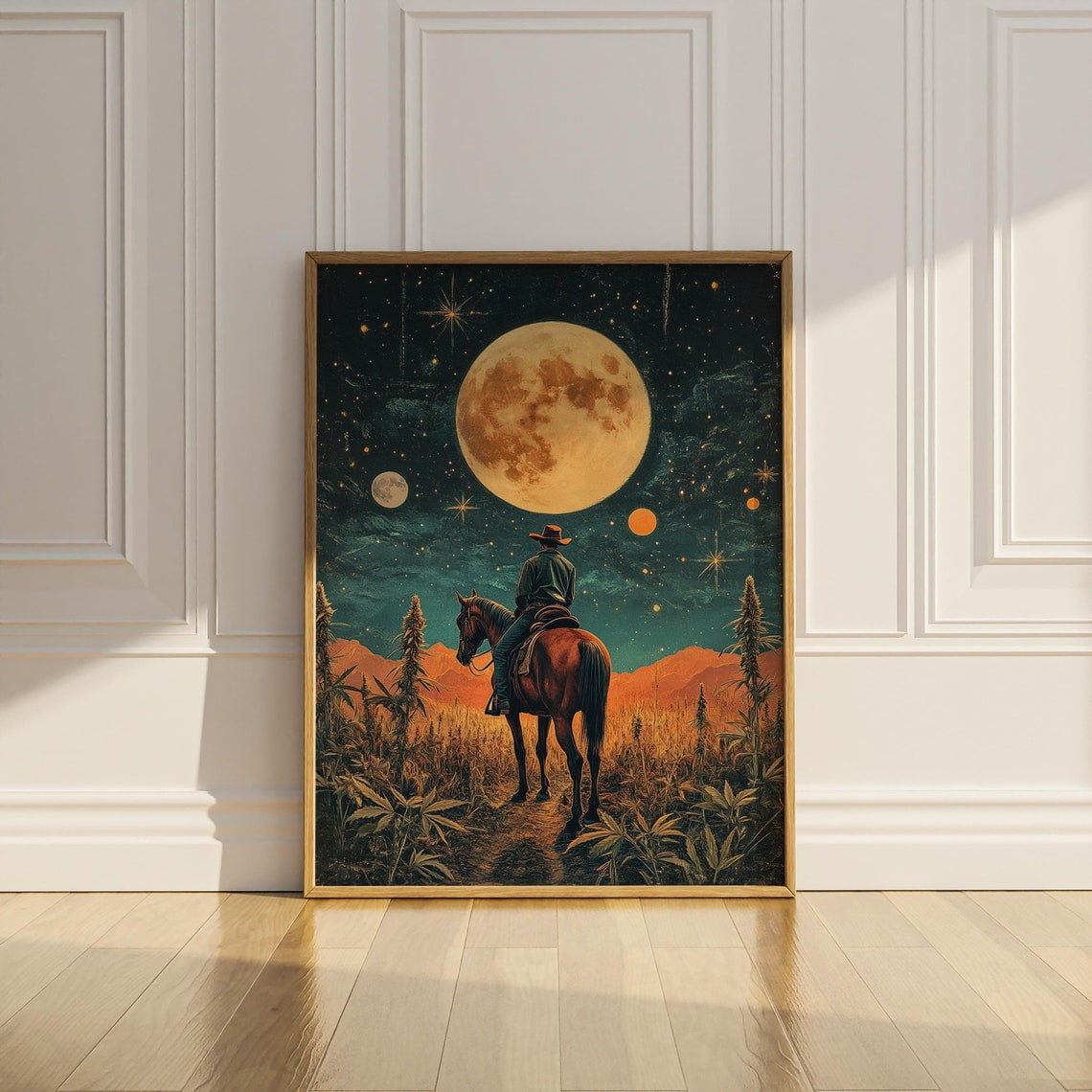 Cowboy Riding Horse In Cannabis Field Celestial Wall Art Full Moon Weed ...