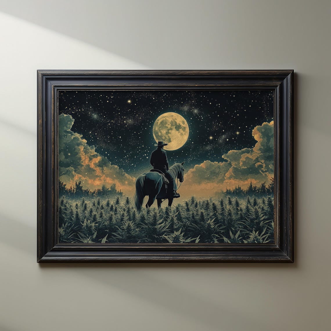 Cowboy Riding Horse In Cannabis Field Poster Print Stoner Psychedelic ...