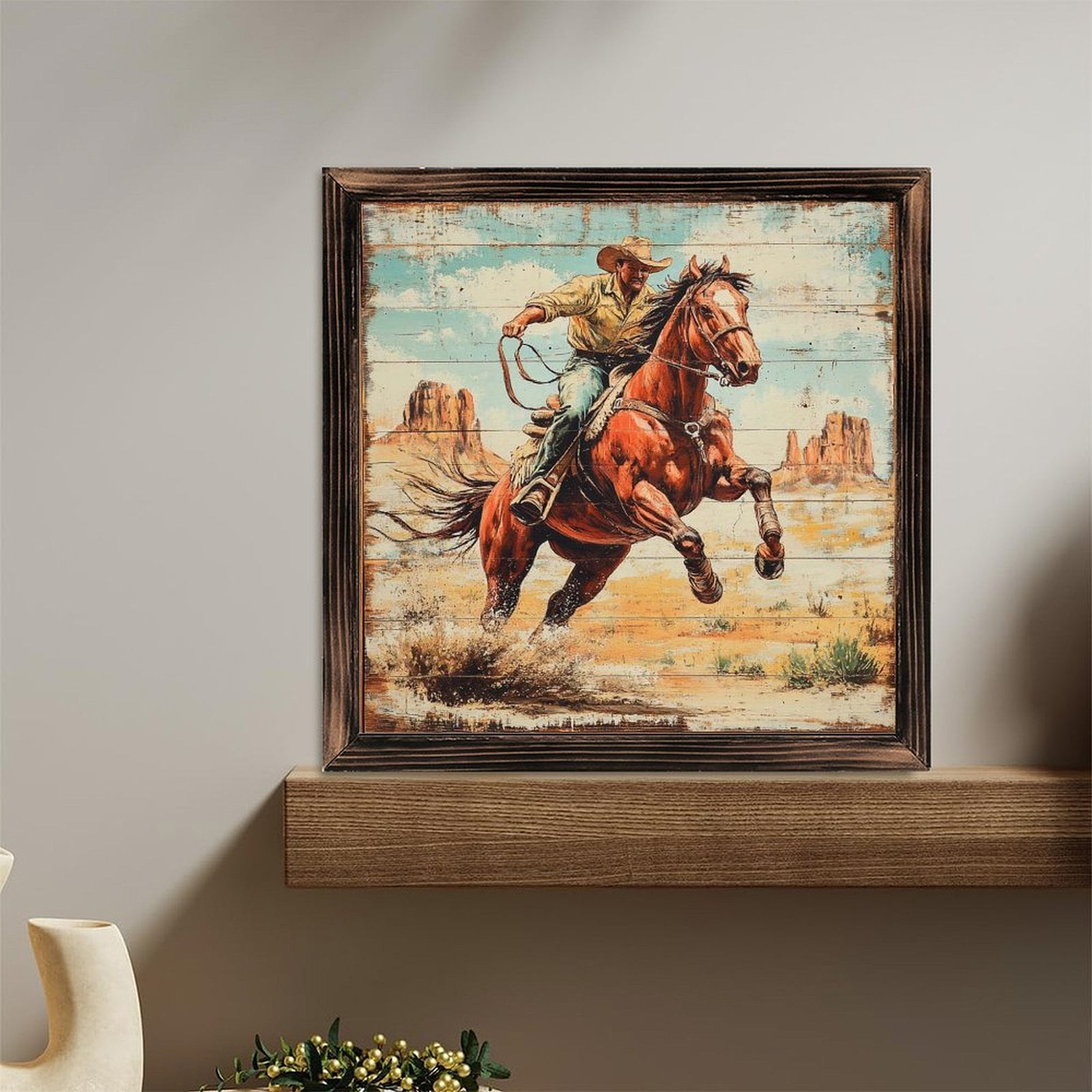 Cowboy Riding Horse Desert Scene Wooden Sign Wall Plaque - Vintage Art ...