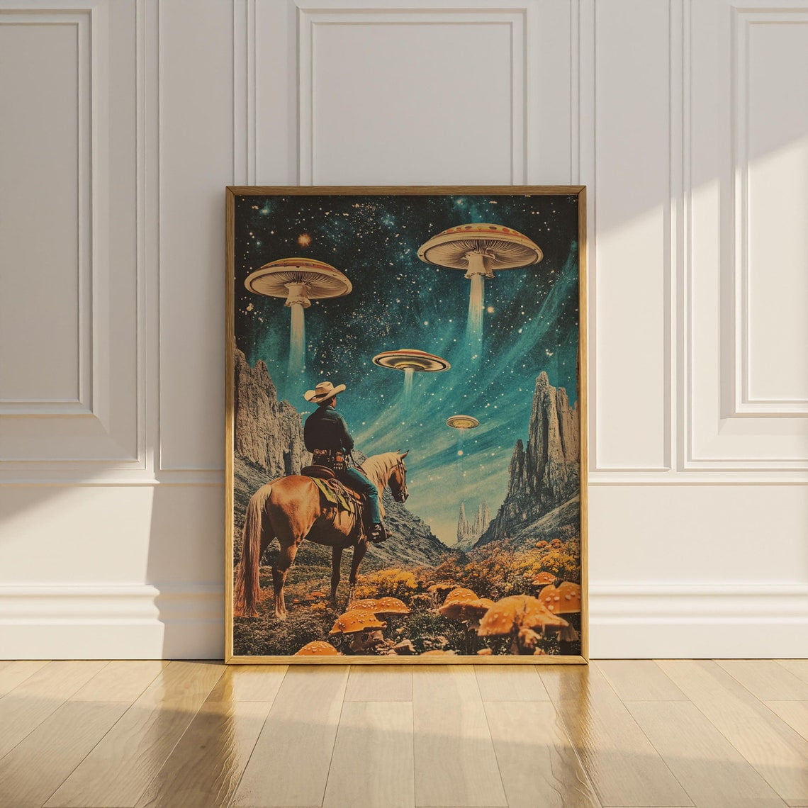 Cowboy Riding Horse Vintage Collage Wall Art Mushroom Ufo Trippy ...