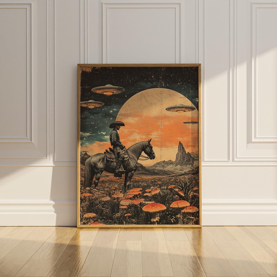 Cowboy Riding Horse Vintage Collage Wall Art Mushroom Ufo Trippy ...