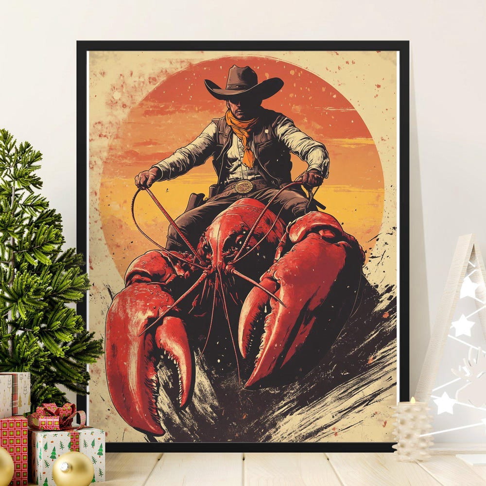 Cowboy Riding Lobster Art Print, Surreal Western Poster, Unique Cowboy ...