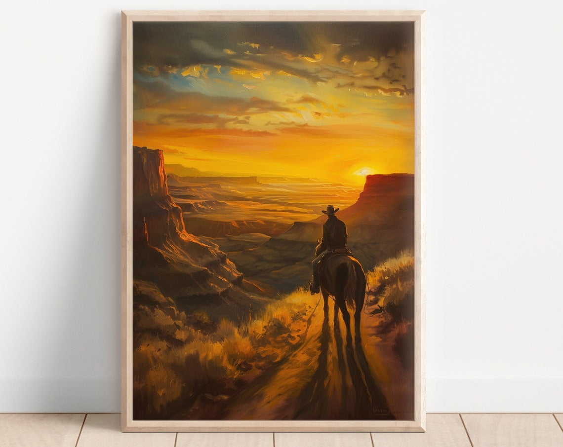 Cowboy Riding At Sunset Printable Vintage Style Digital Print Cowboy ...