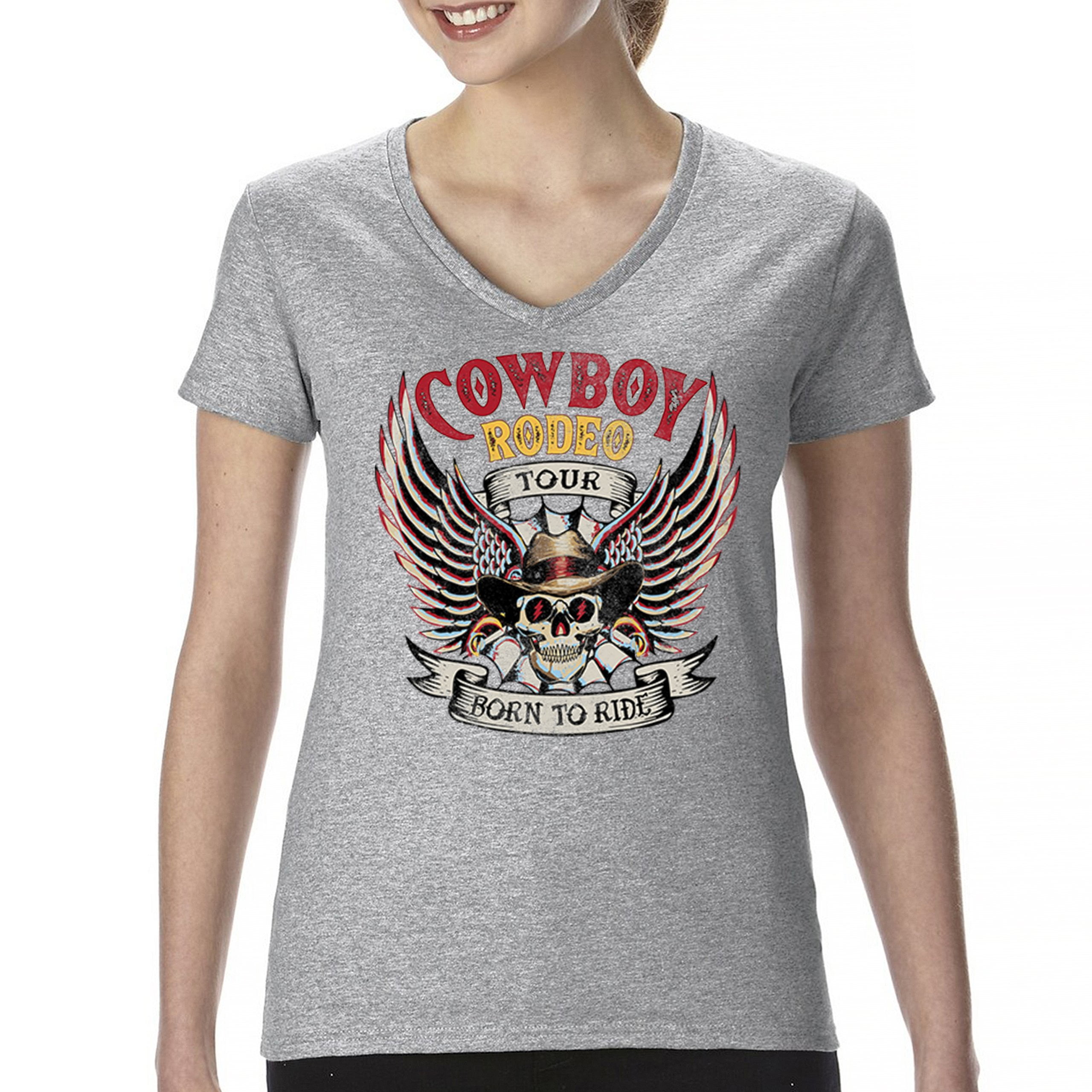 Cowboy Rodeo Tour Born To Ride Women's V-Neck T-shirt Skull Wings ...