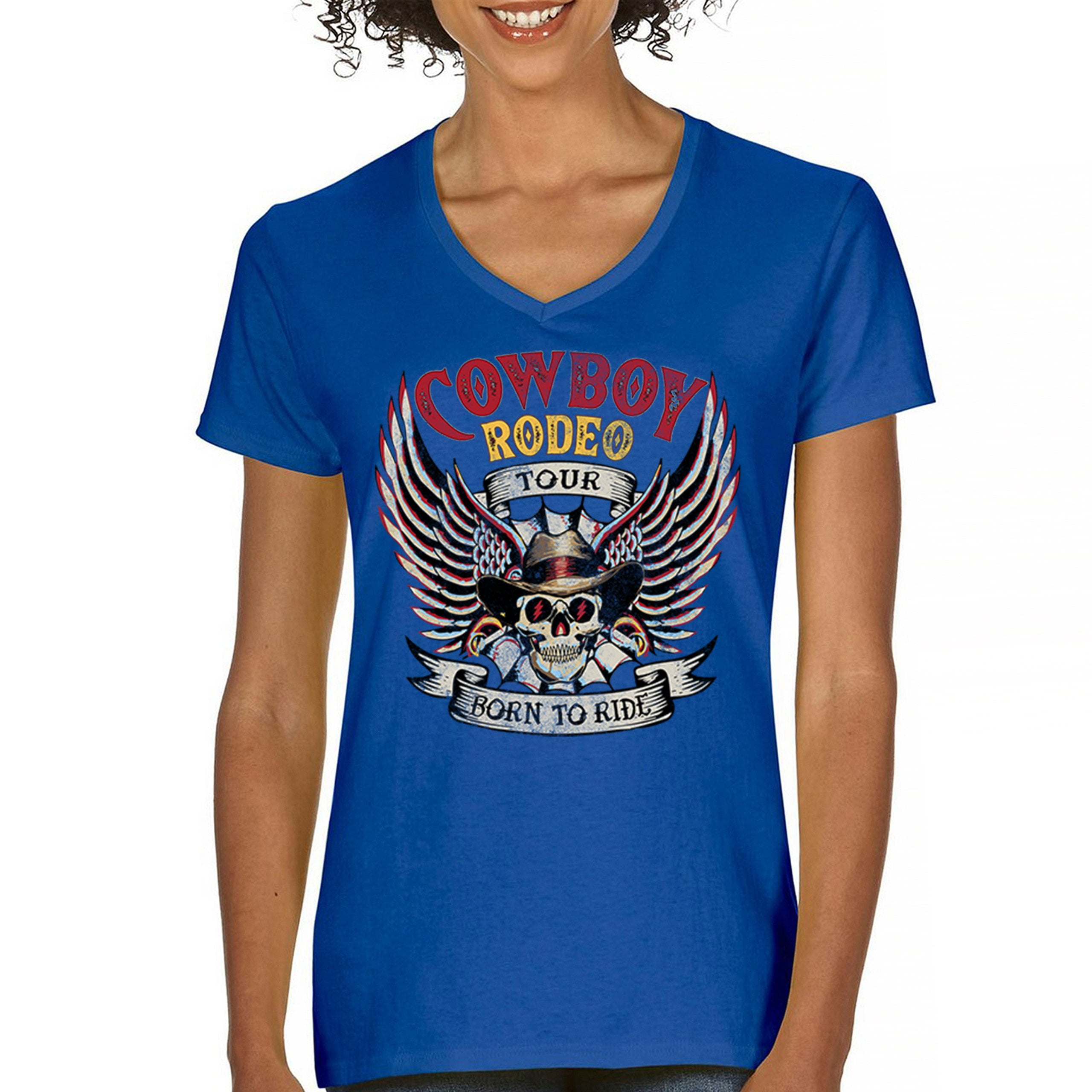 Cowboy Rodeo Tour Born To Ride Women's V-Neck T-shirt Skull Wings ...