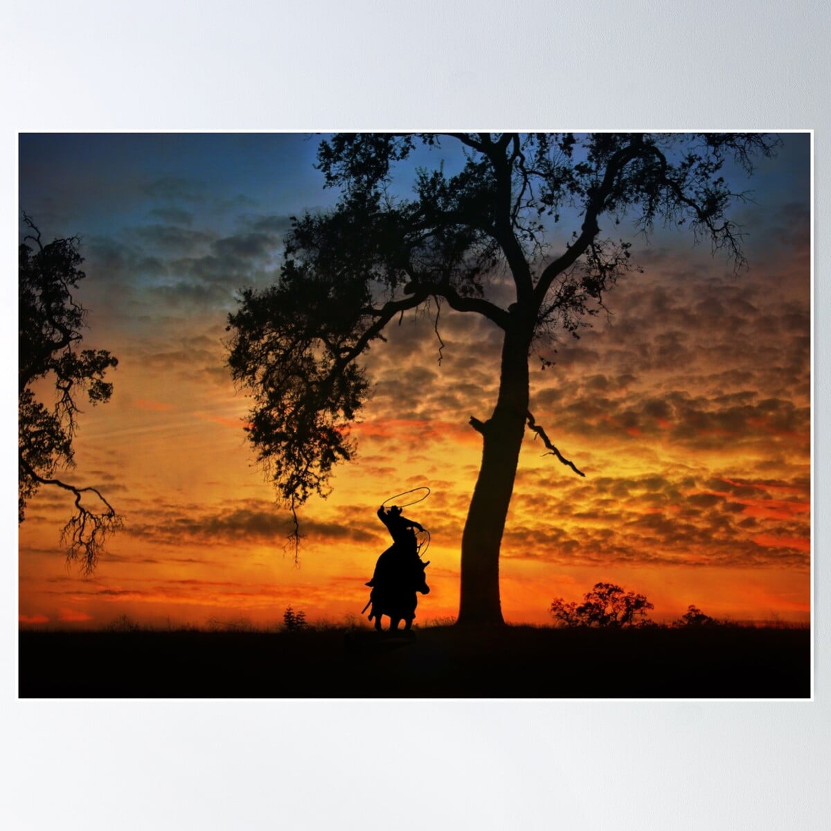 Cowboy Roping And Steer With Southwestern Sunset And Oak Tree Poster ...