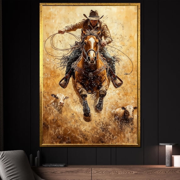 Cowboy Roping Cattle Canvas Painting, Western Wall Art, Rustic Home ...