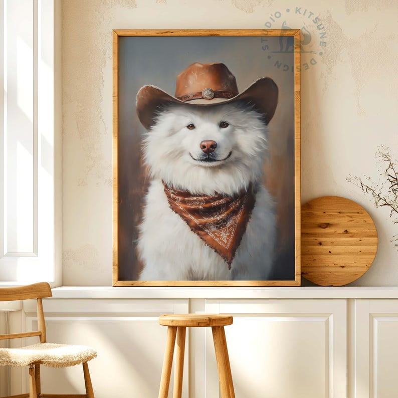 Cowboy Samoyed Dog Wall Art, Funny Dog Lover Gift Poster, Western Pet Owner Portrait Print ...