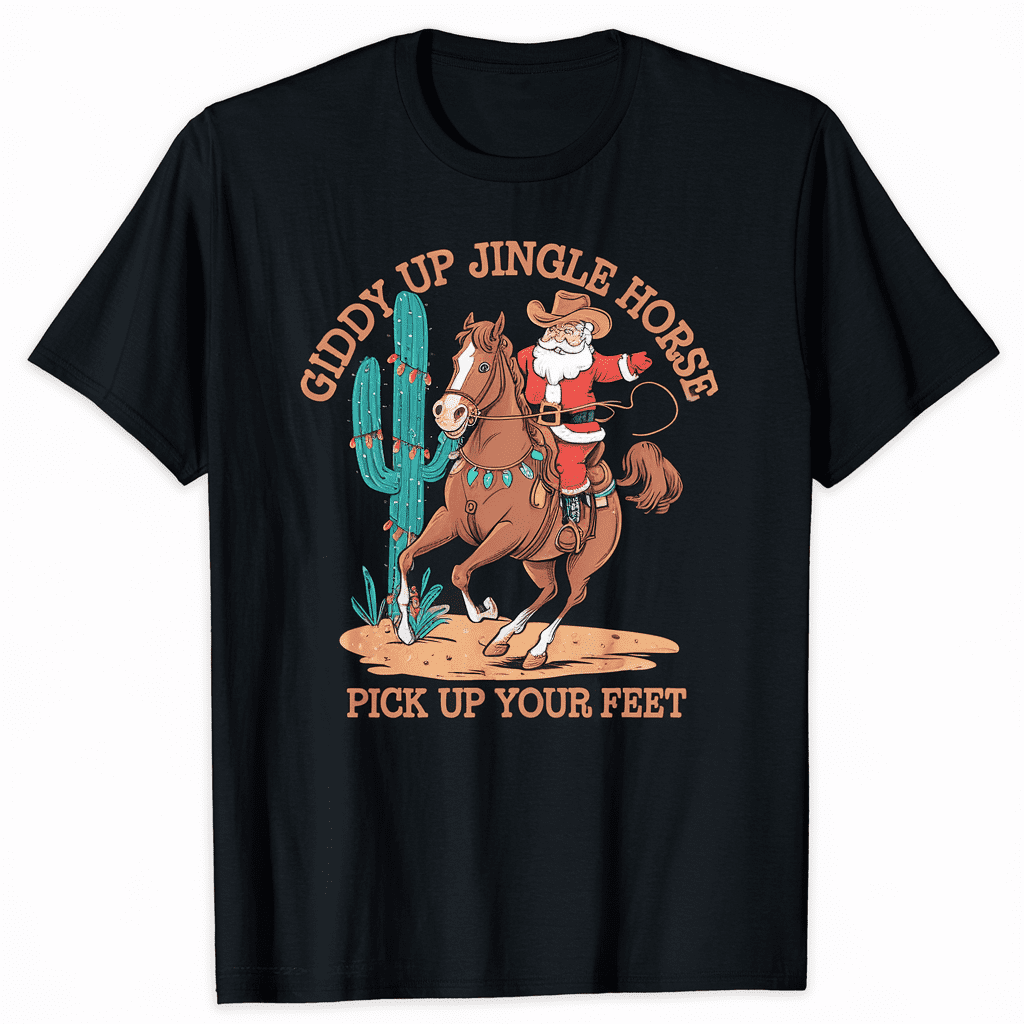 Cowboy Santa Giddy Up Jingle Horse Pick Up Your Feet Fun T Shirt ...