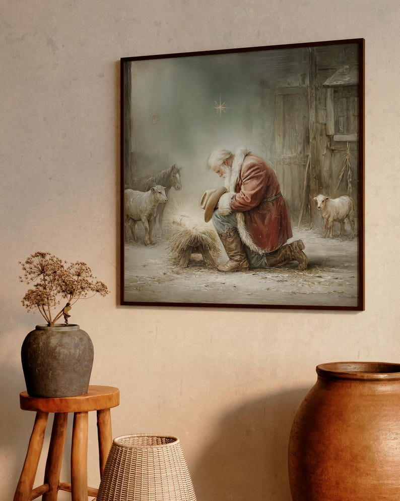Cowboy Santa Nativity Art | Rustic Western Christmas 16x24 UNFRAMED ...