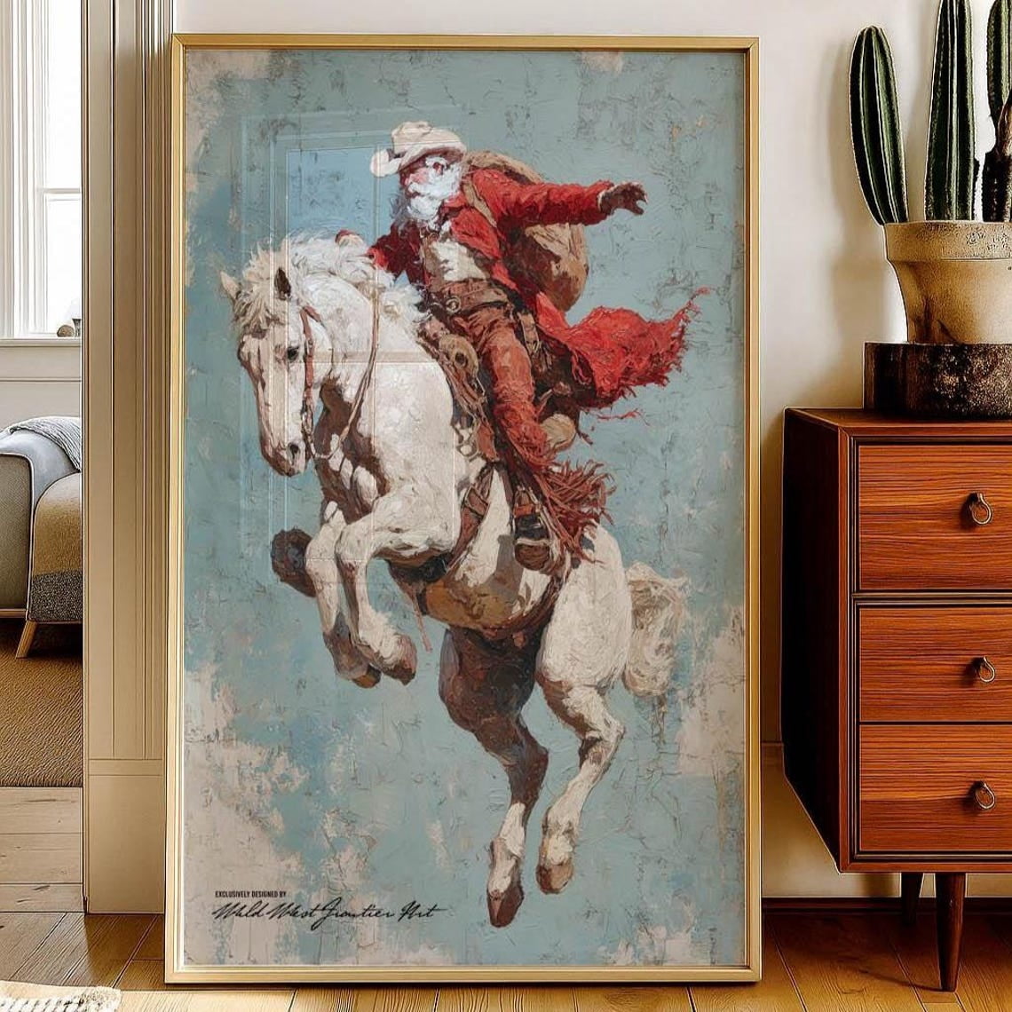 Cowboy Santa On White Horse Western Winter Art, Rustic Cowboy Poster ...