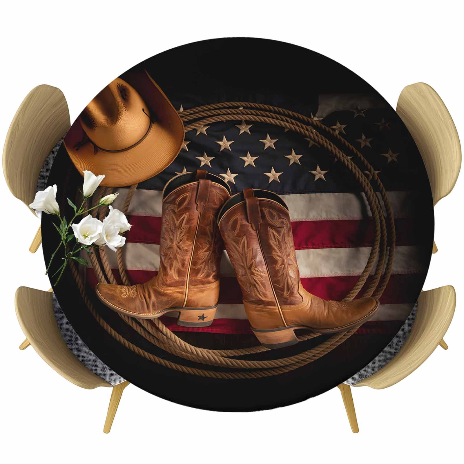 Cowboy Shoes Round Tablecloth, Fitted Table Cover with Elastic for 45 ...