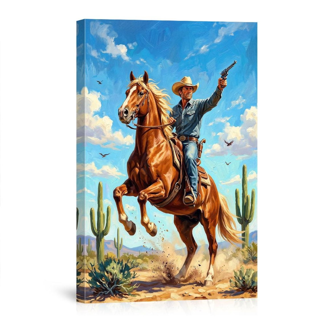 Cowboy Shooting Revolver On Horse In Desert Western Wild West Cactus ...