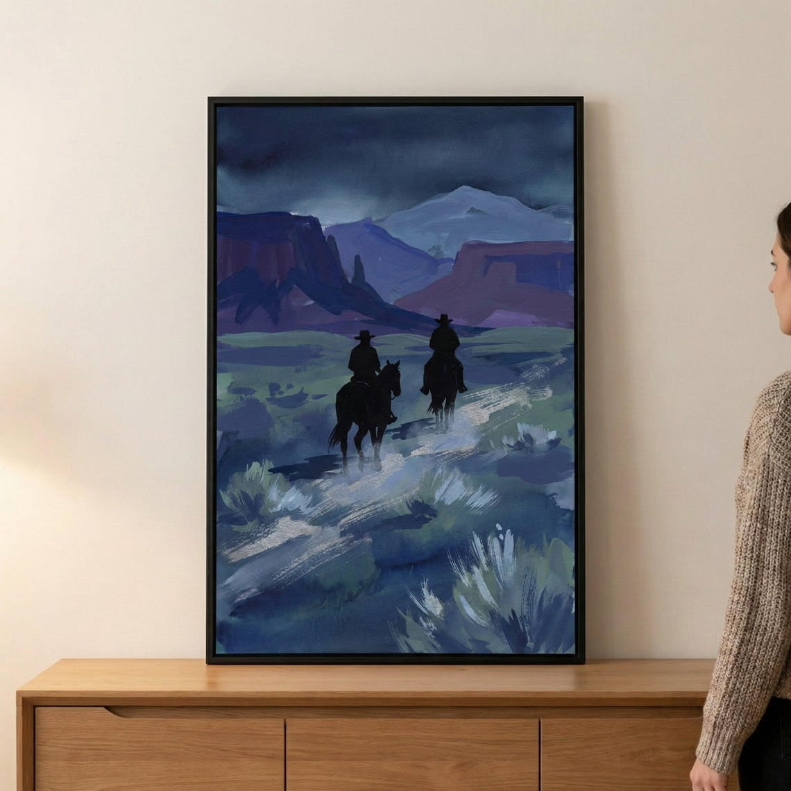 Cowboy Silhouettes Desert Night Wall Art Western Landscape Horseback ...