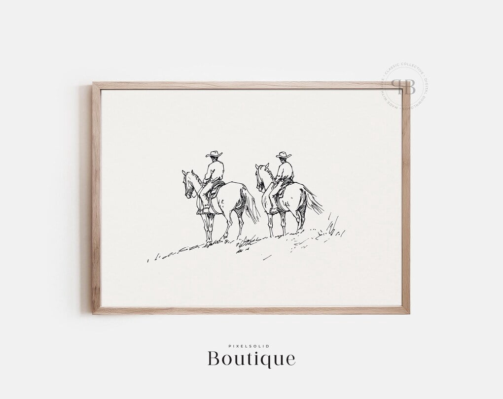Cowboy Sketch Wall Art, Vintage-Style Western Horse Drawing, Rustic ...