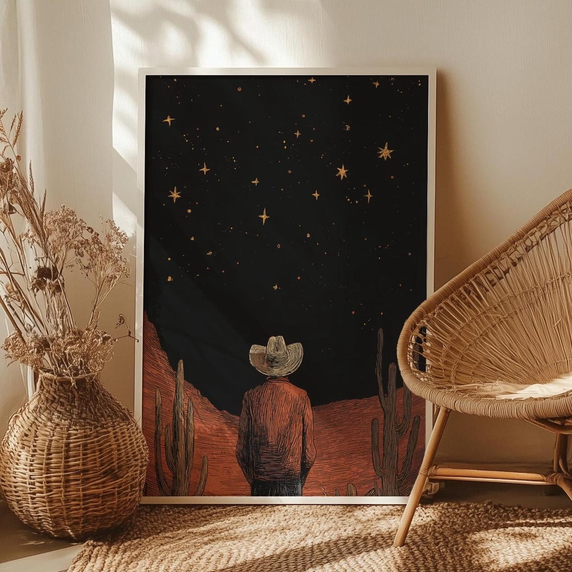 Cowboy Stargazing Night Sky Wall Art Western Decor, Unframed Canvas ...