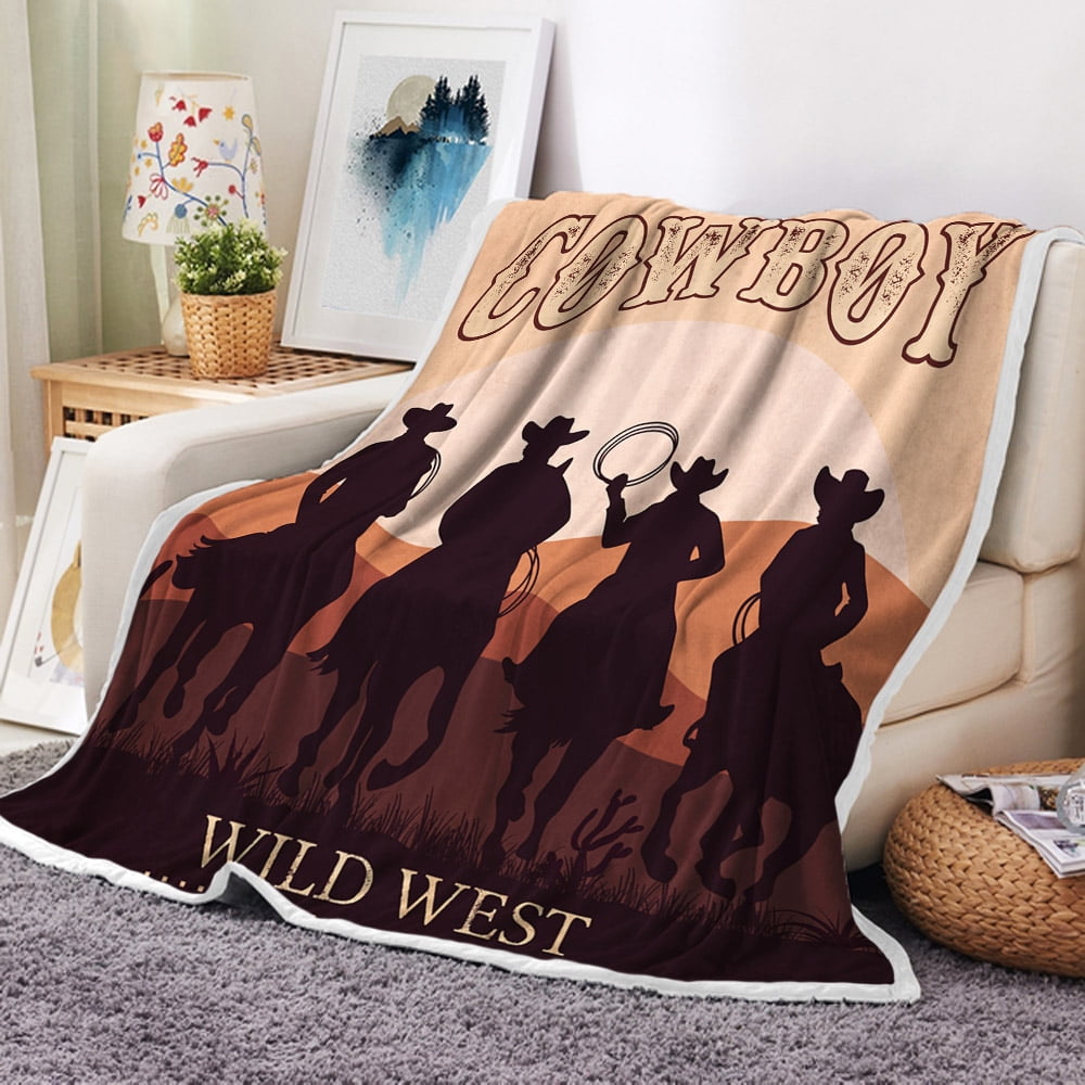 Cowboy Throw Blanket, Western Country Cowboy Riding Horse in Wild West ...