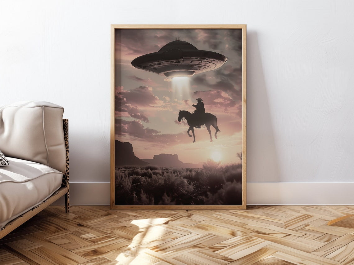 Cowboy UFO Western Retro Wall Art, Unframed Paper Print Size 24x36 ...