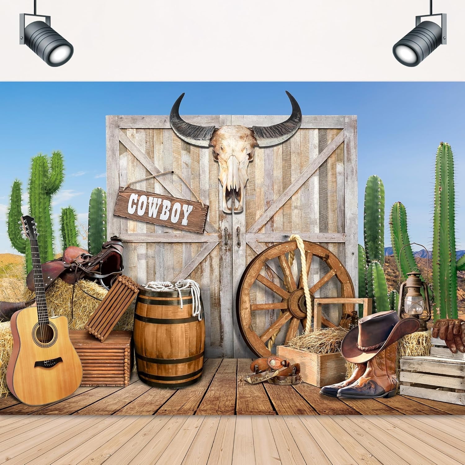 Cowboy Western Backdrop Desert Cactus Cow Skull Country Rustic Wood ...