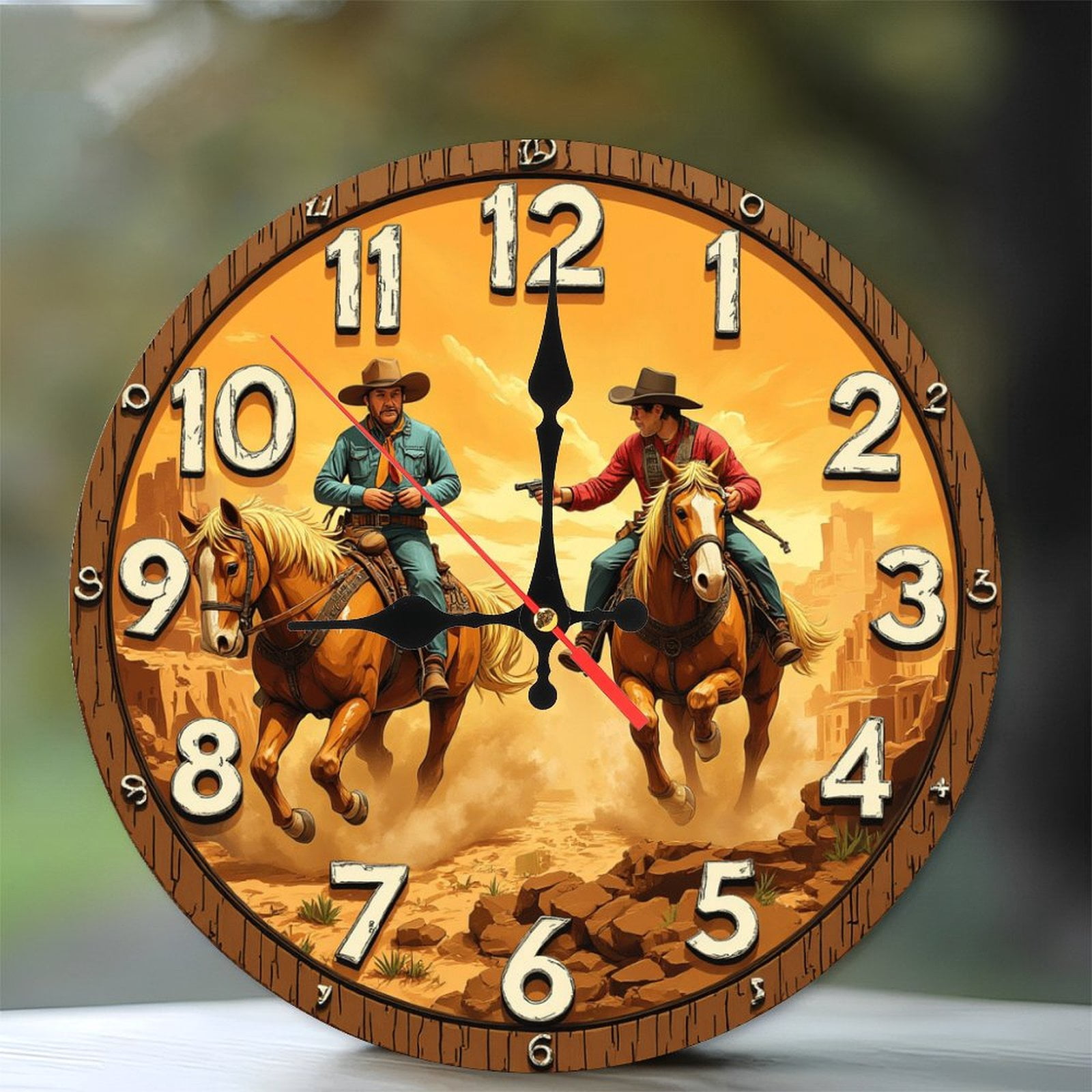 Cowboy Western Clock Wall Decor 10-Inch Silent Wooden Wall Clock ...
