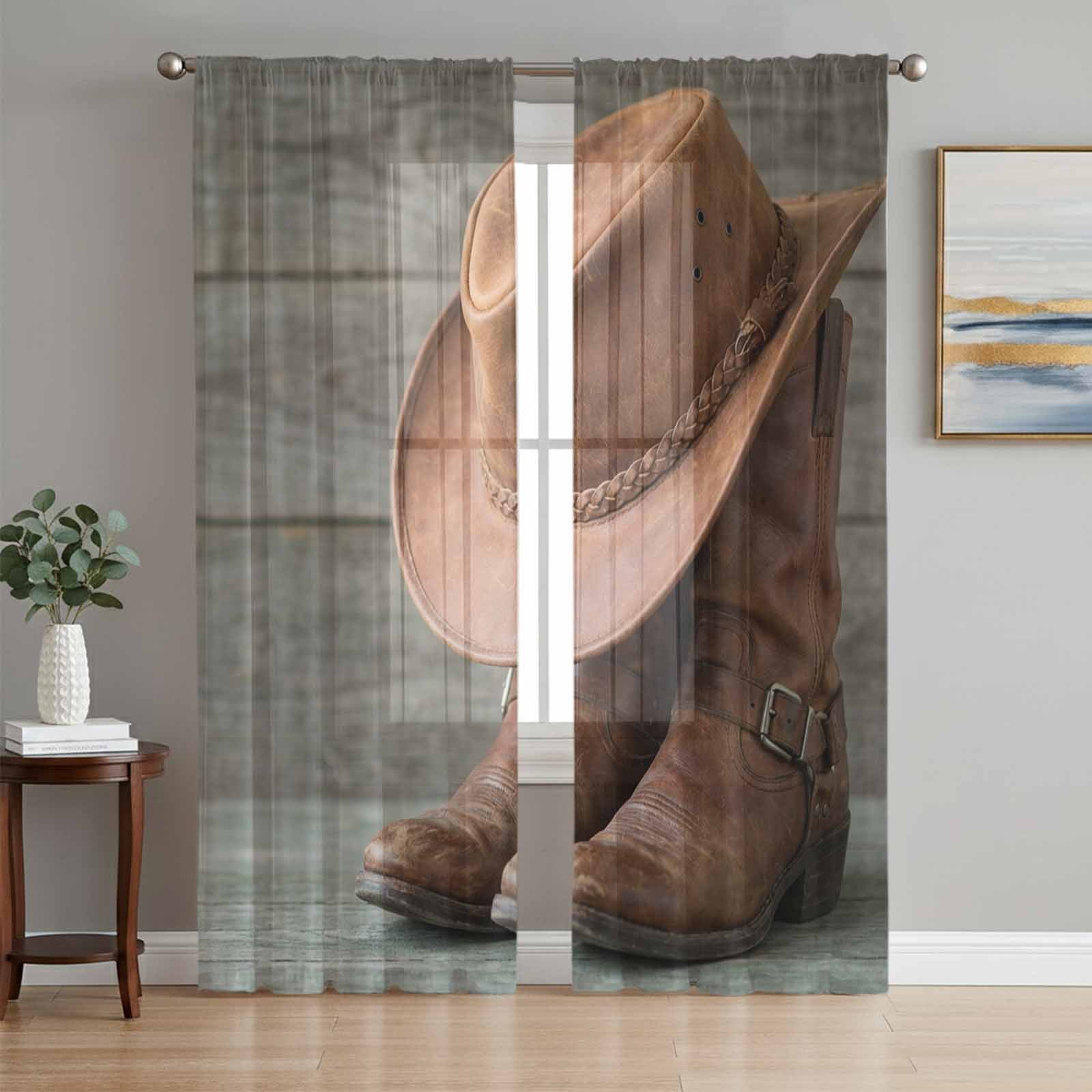Cowboy Western Sheer Curtains 63 Inch Length 2 Panels for Living Room ...