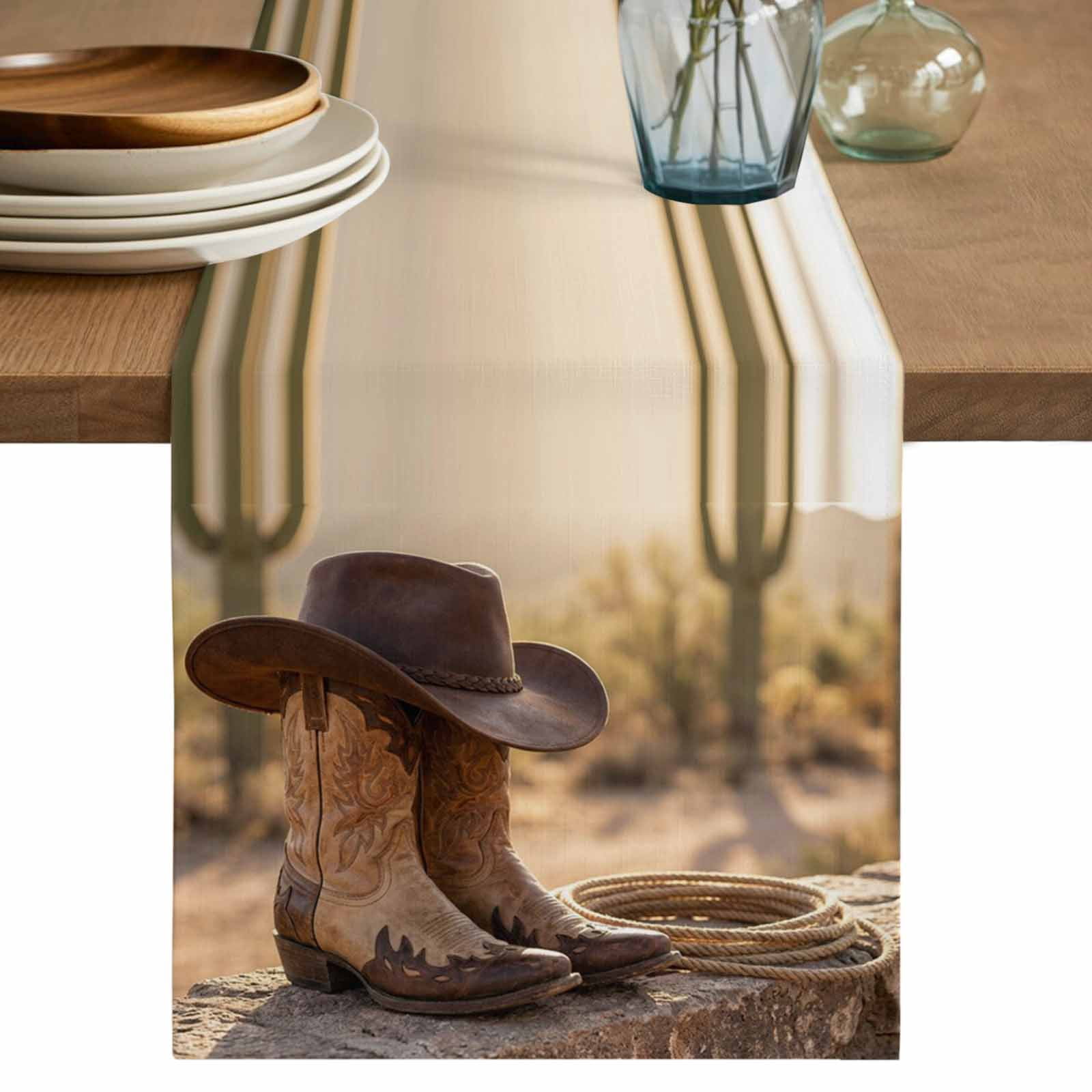 Cowboy Western Table Runner 72 Inches, Cowboy Hats Boots Desert Cacti ...