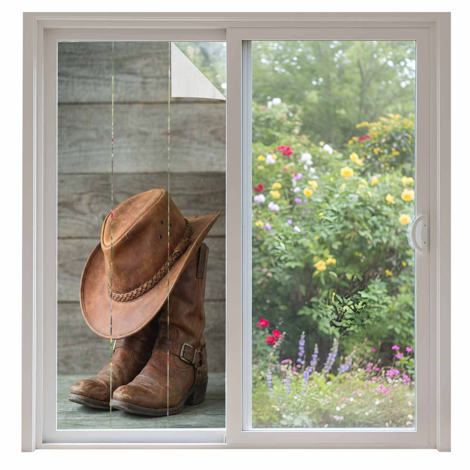 Cowboy Western Window Privacy Film, Cowboy Hats Boots Grey Wooden Plank ...