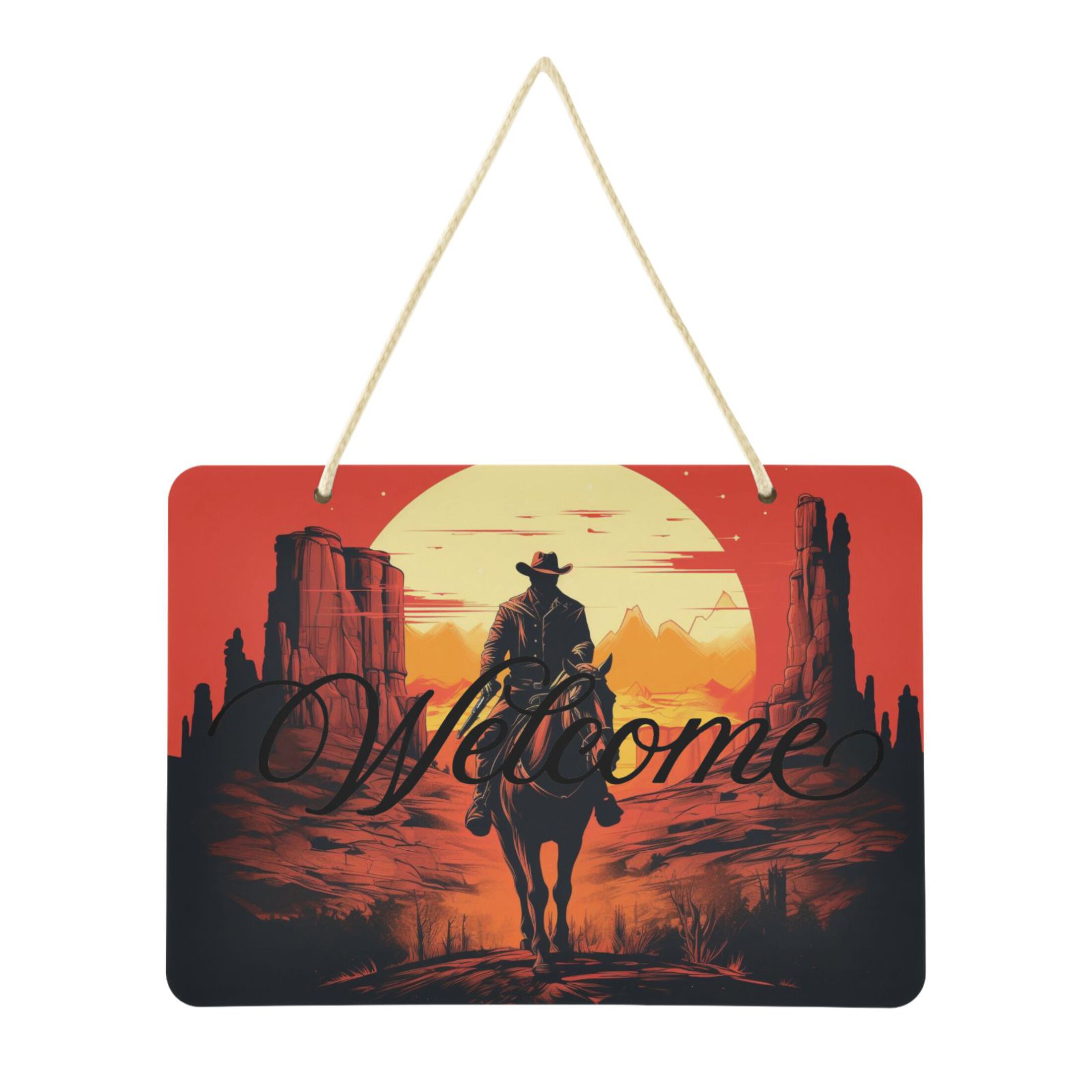 Cowboy and Sunset Welcome Sign Front Door PVC 14x10 inch Hanger Hello ...