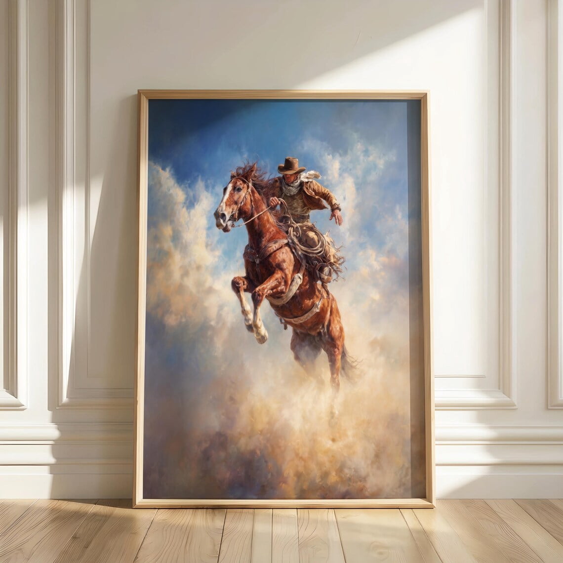 Cowboy on Rearing Horse Western Epic Wild West Rustic Ranch Home Action ...