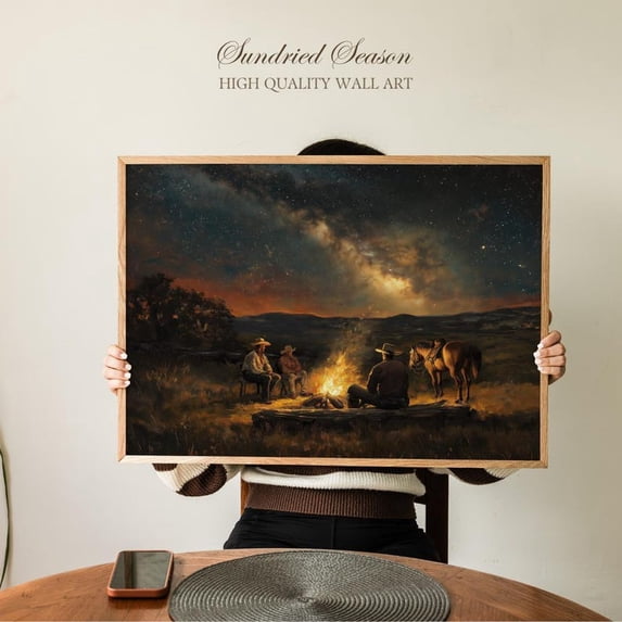 Cowboys by Campfire Under Starry Sky Art Print, Rustic Western Night ...
