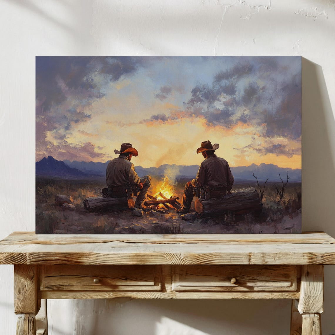 Cowboys By Campfire At Sunset Print – Western Landscape Painting With ...