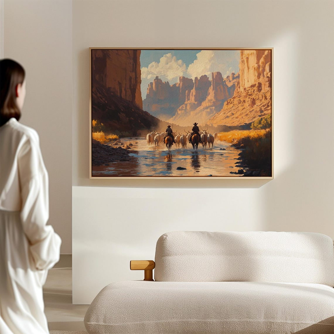 Cowboys Herding Cattle In Canyon Art, Western Landscape Wall Decor ...