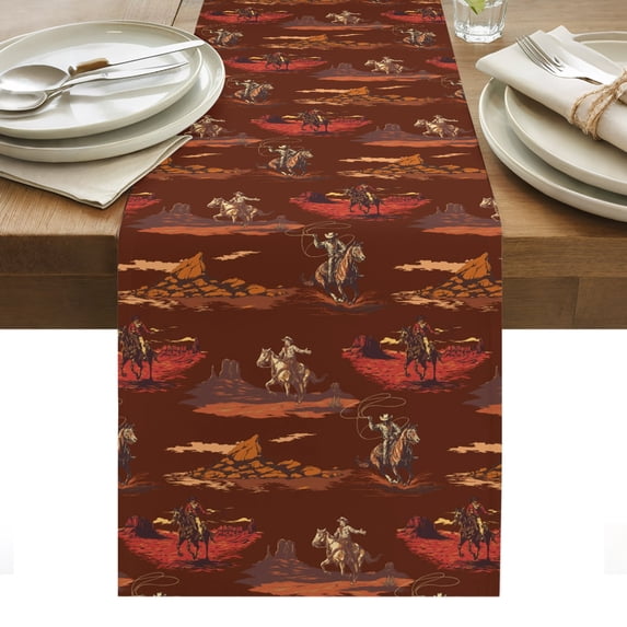 Cowboys Horses Cotton Linen Table Runner Desert Ethnic Winds Dark Brown ...