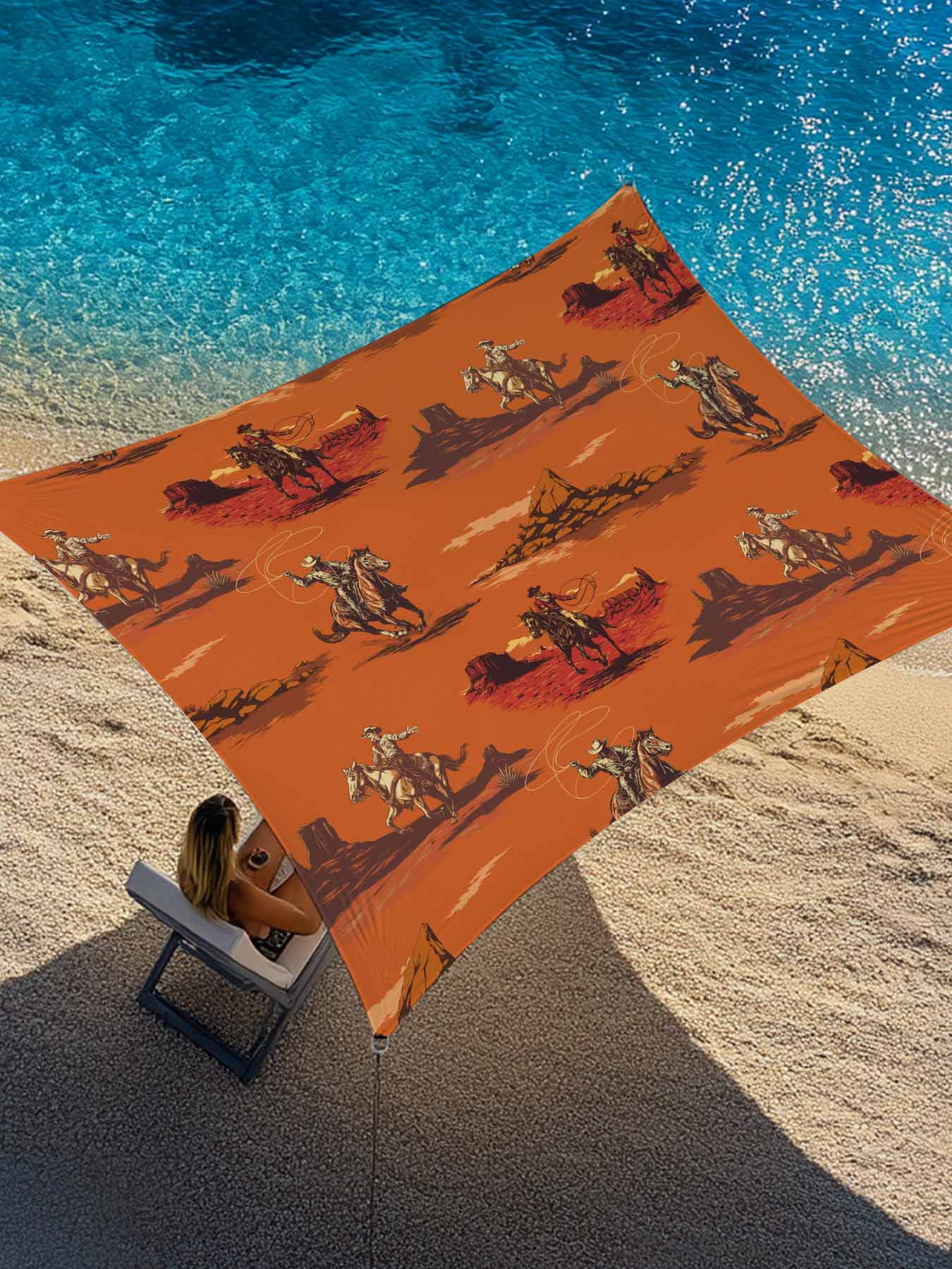 Cowboys Horses Sun Shade Sail 14' x 18', Desert Ethnic Winds Orange ...