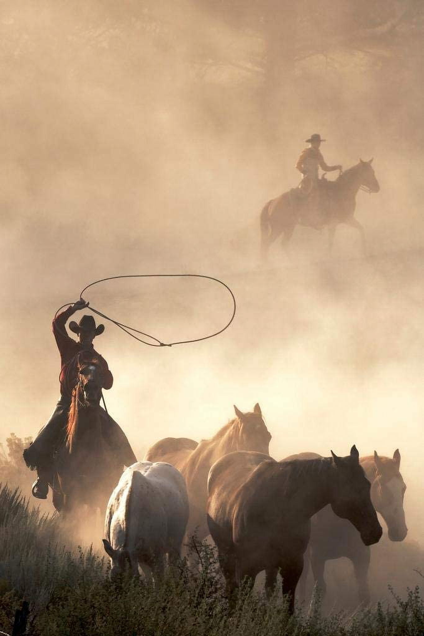 Cowboys On Horseback Wrangling Horses On Dusty Ranch Western Lasso ...